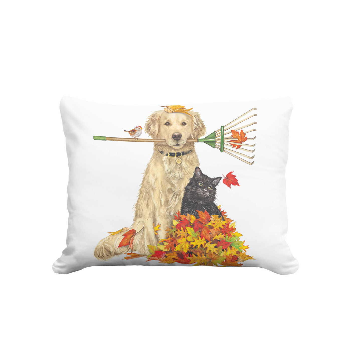 Dog and Cat Raking Leaves Pillow – Charleston Gardens