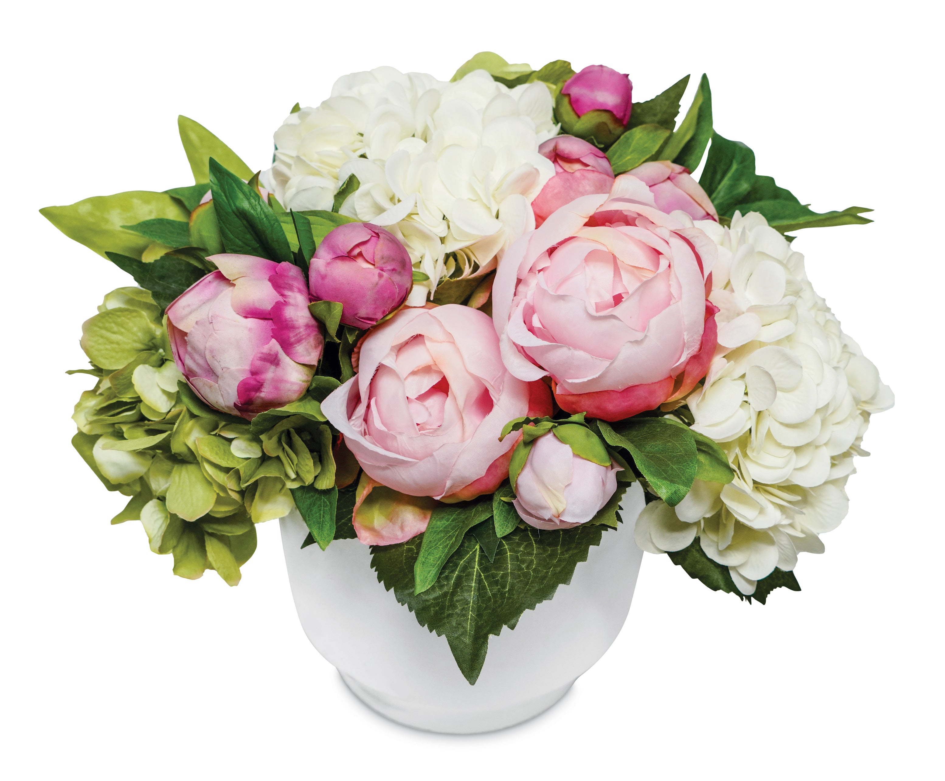 Peonies and Hydrangea in White Pot – Charleston Gardens